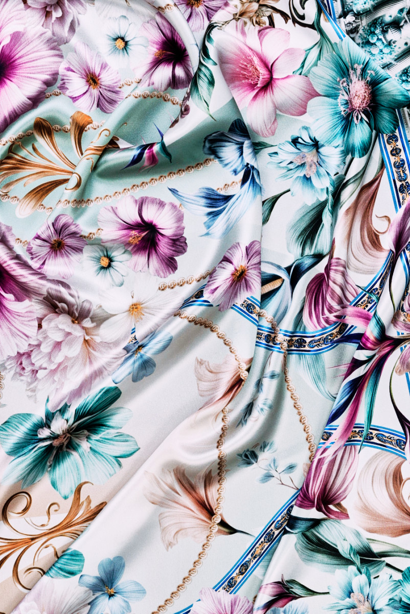 Pastel floral silk satin with border